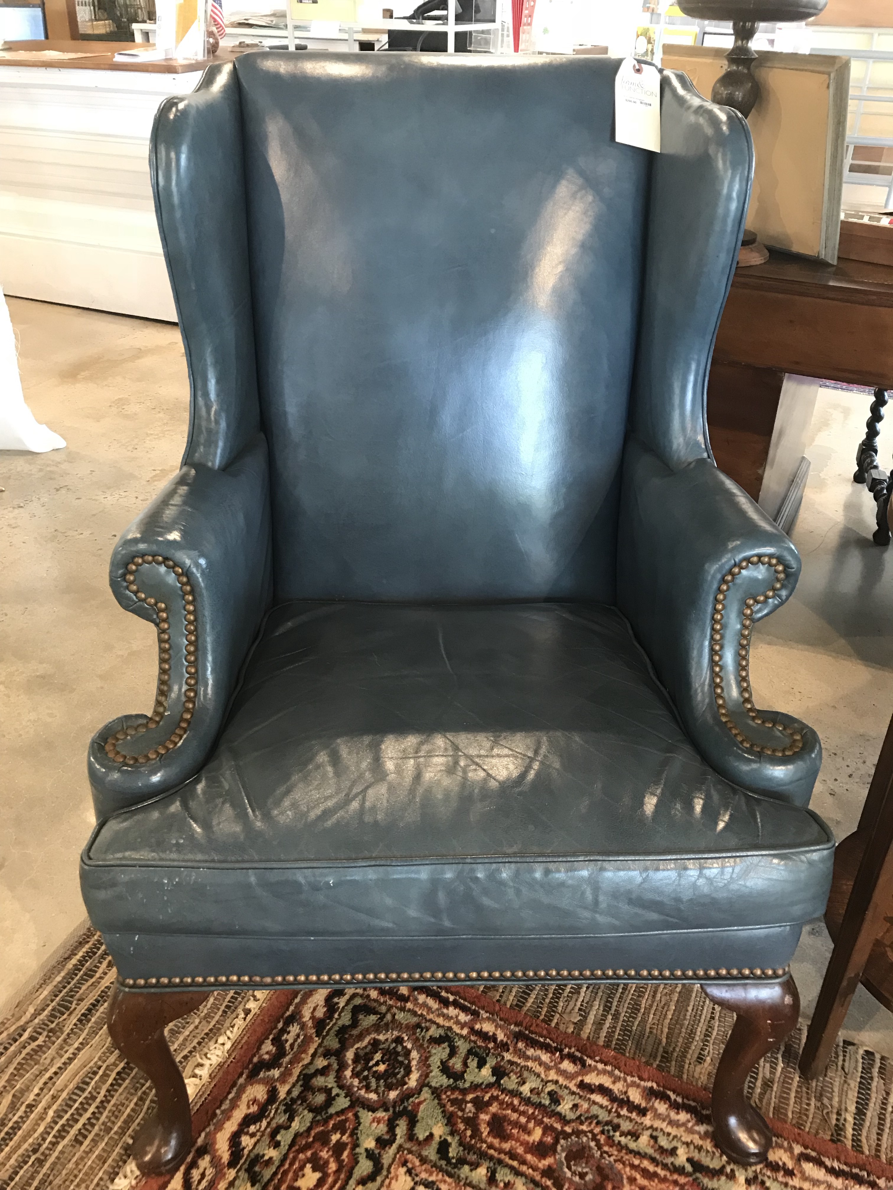 Blue Leather Wing Chair - Form & Function - Asheville NC