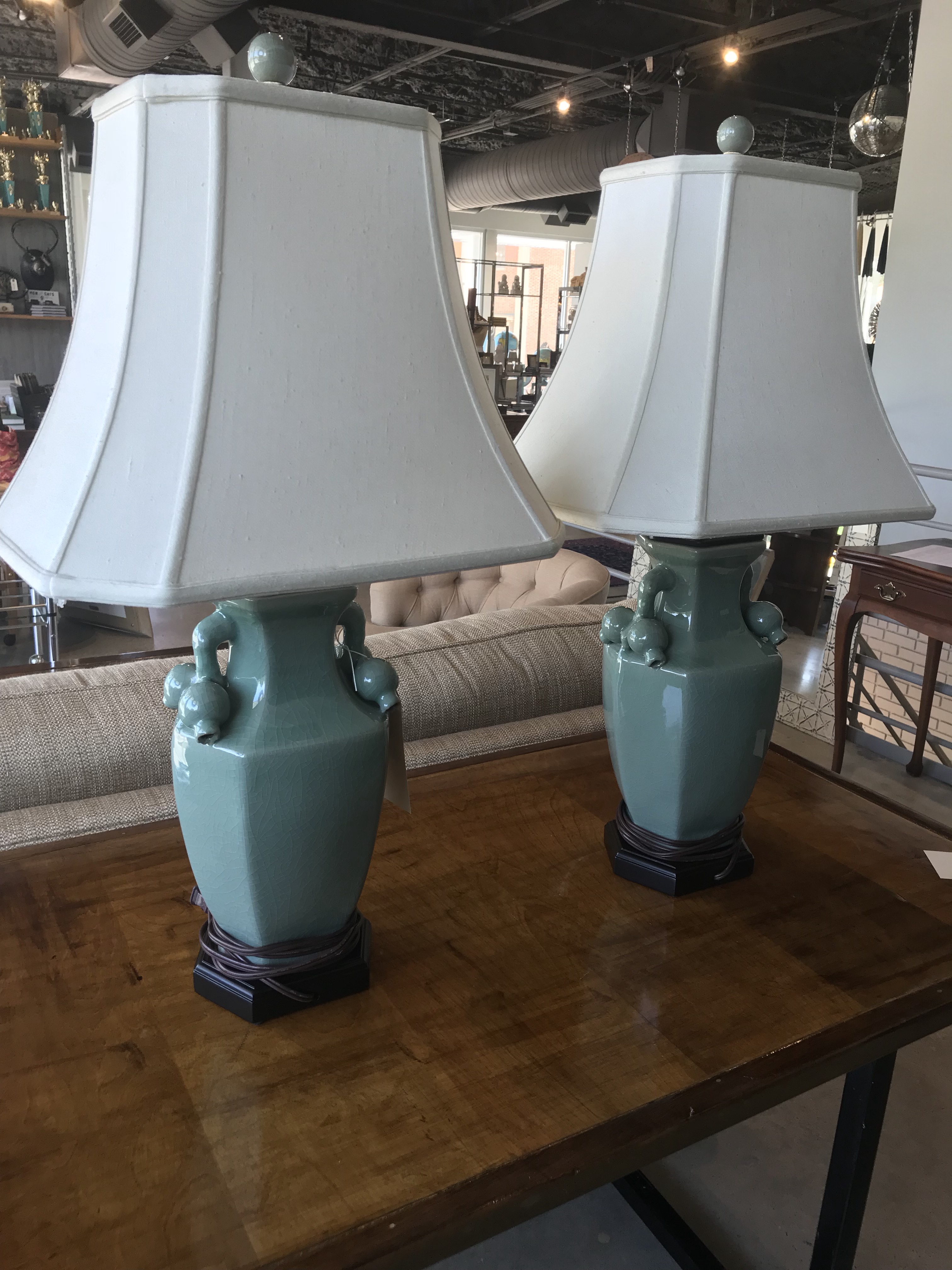 Pair of Green Asian Lamps - Form & Function - Asheville NC