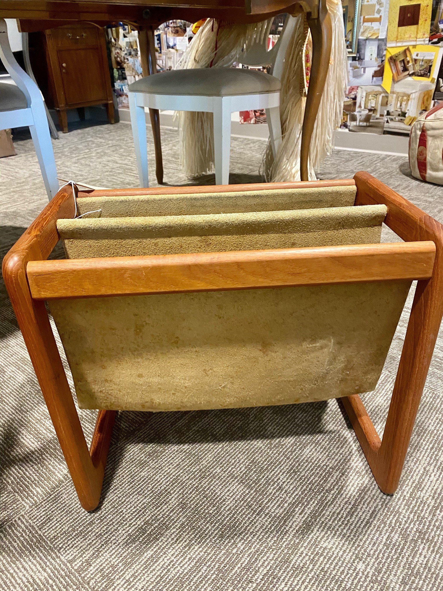 Mid Century Leather Teak Magazine Rack - Form & Function - Asheville NC
