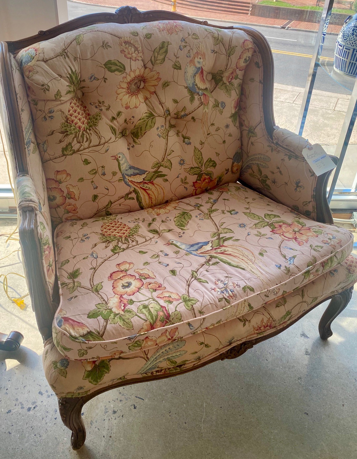 French Style Bird Fabric Chair and a Half - Form & Function - Asheville NC